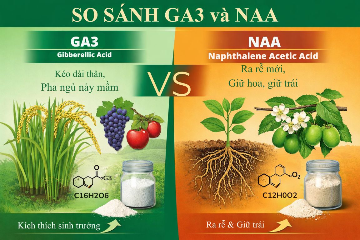 So sánh GA3 và NAA : Sự khác nhau, dùng loại nào hiệu quả hơn?