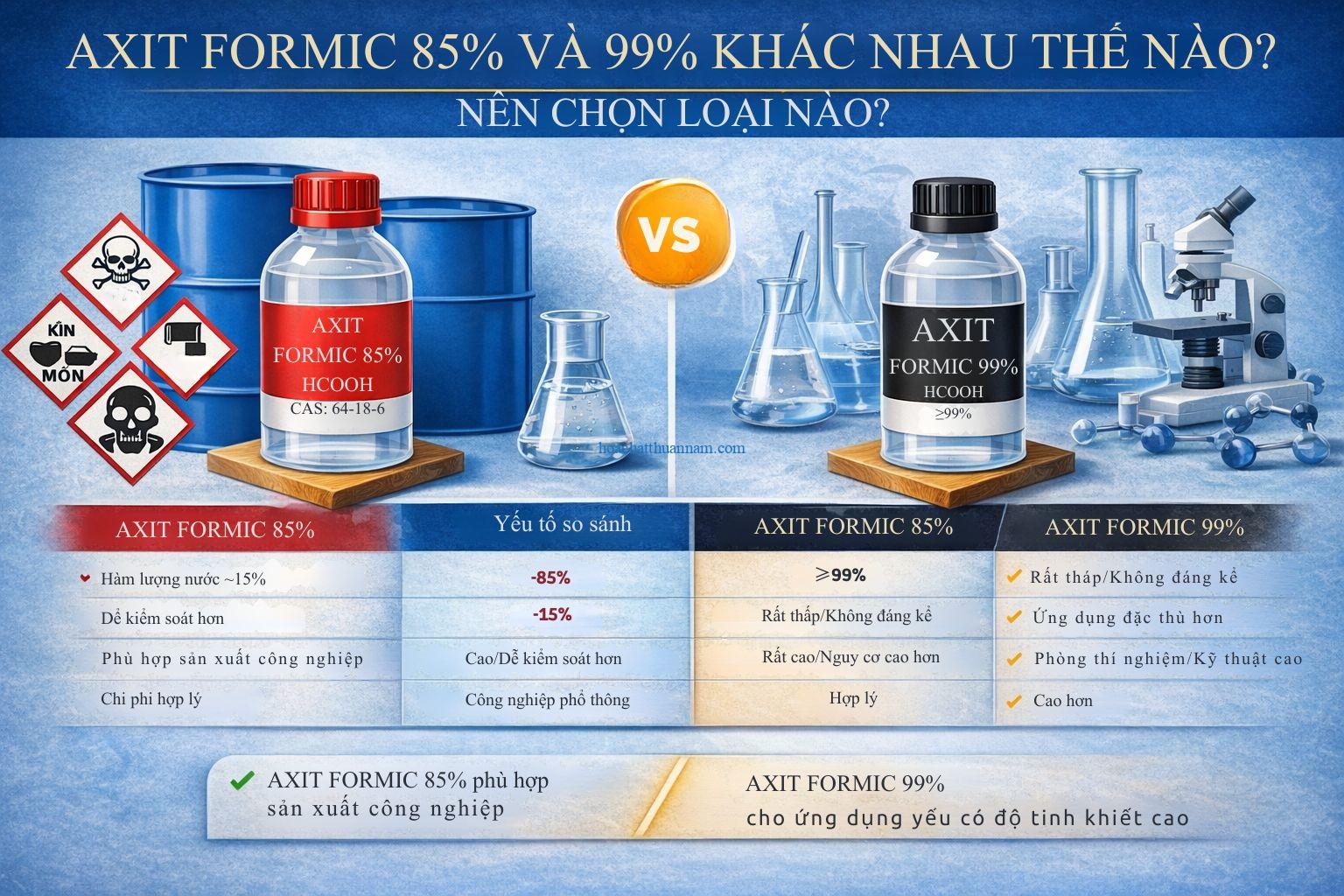 Axit Formic 85% và 99% khác nhau thế nào? Nên chọn loại nào?