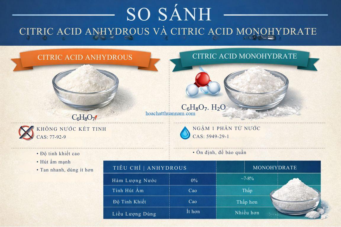 Citric Acid Anhydrous Và Citric Acid Monohydrate | So sánh chi tiết